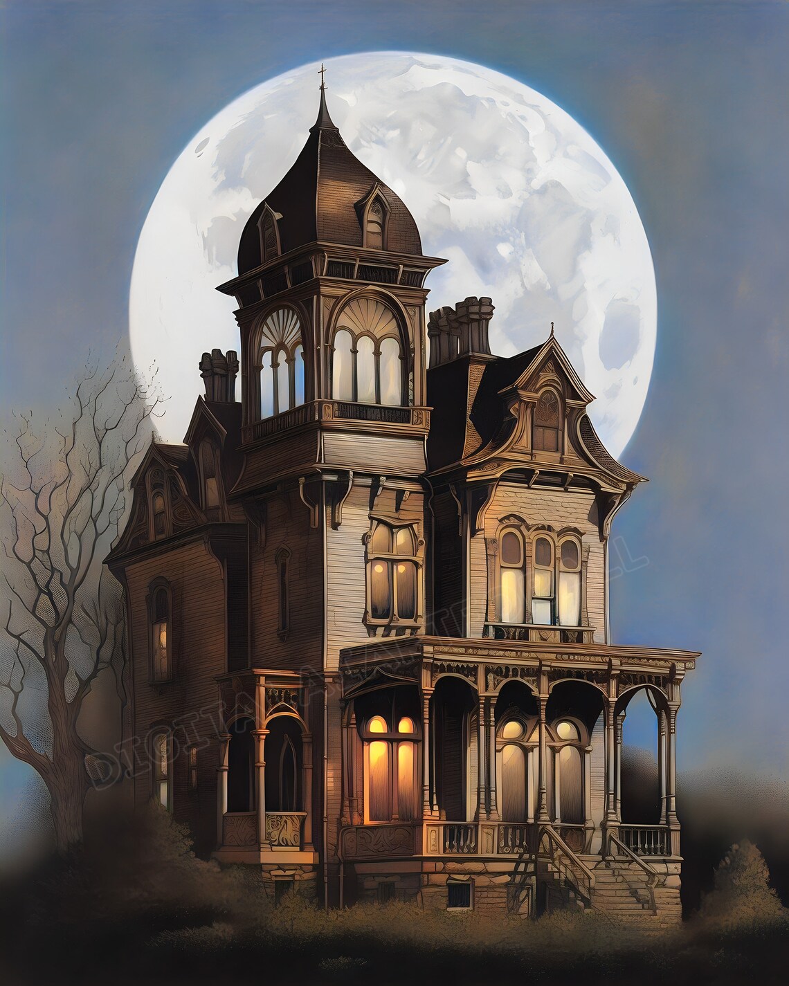 Gothic Moonlit Haunted House - Printable Poster, Instant Download ...