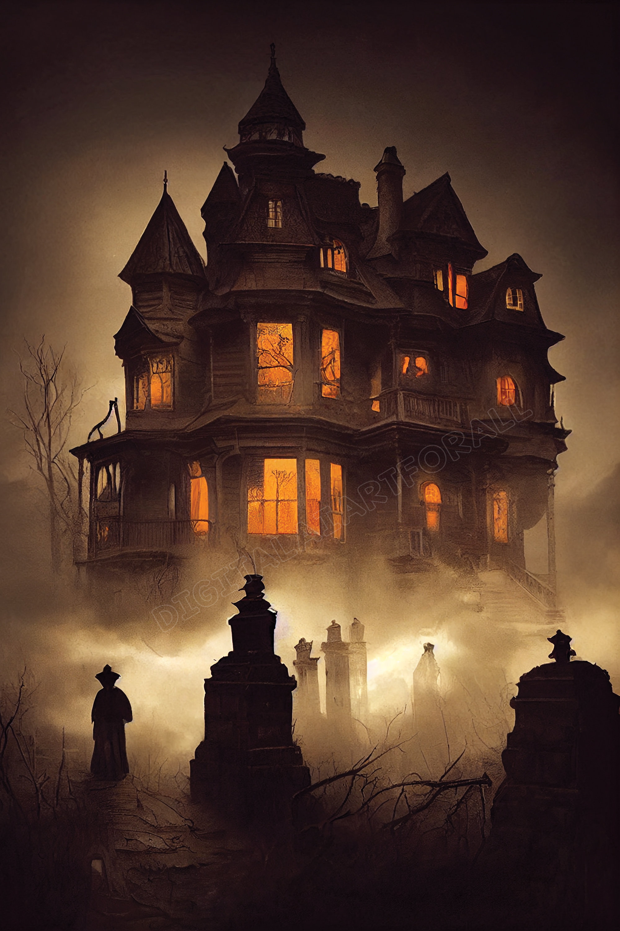 Gothic Haunted House Cemetery Spooky Printable Poster, Instant Digital Artwork Download, Android ...