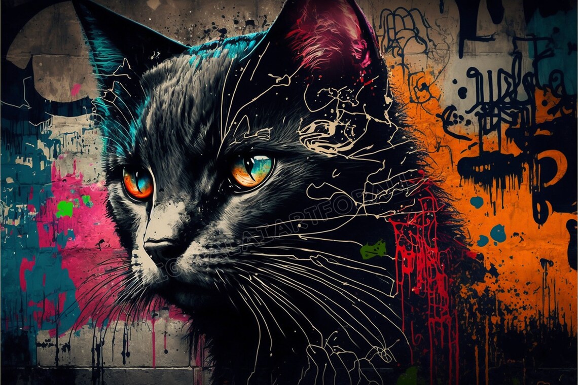 Black Cat Graffiti Wall Art Printable Poster, Instant Digital Artwork ...
