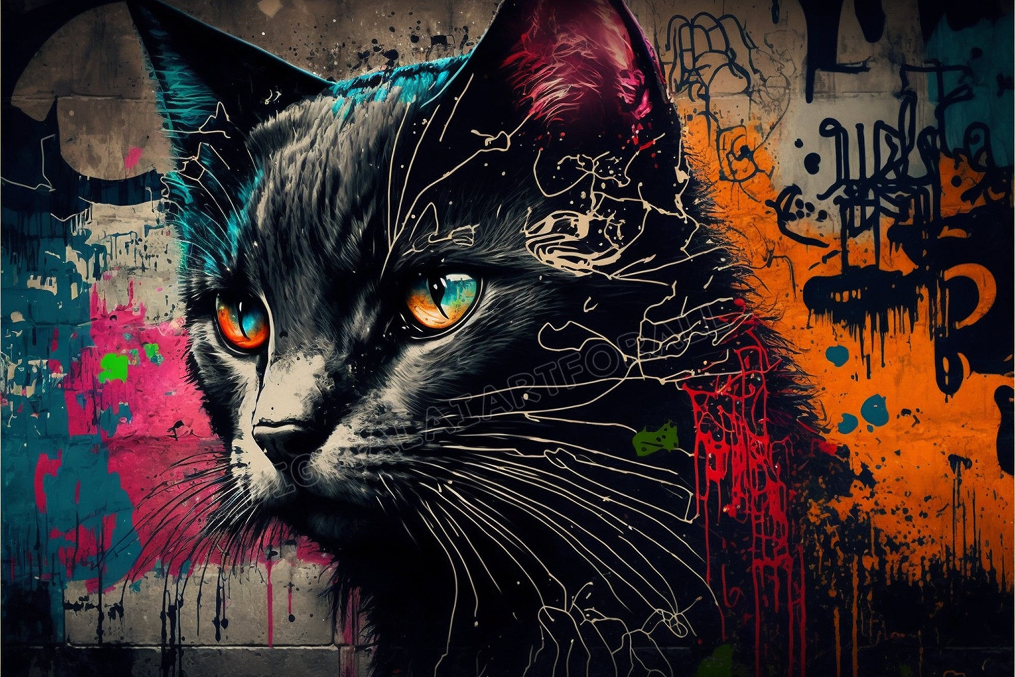 Black Cat Graffiti Wall Art Printable Poster, Instant Digital Artwork ...