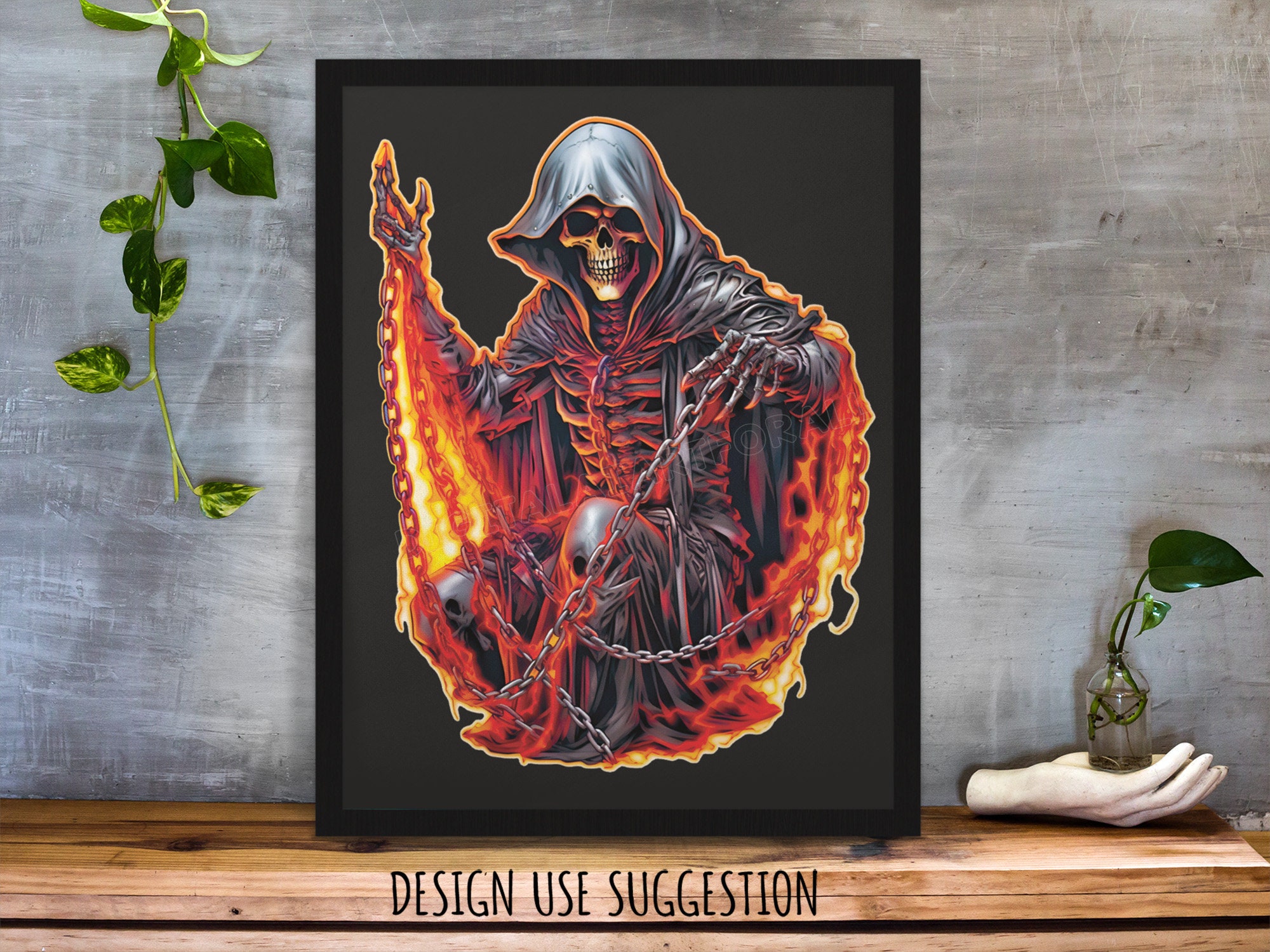 Flaming Grim Reaper Skull Chained, Instant Download, Digital Graphics ...