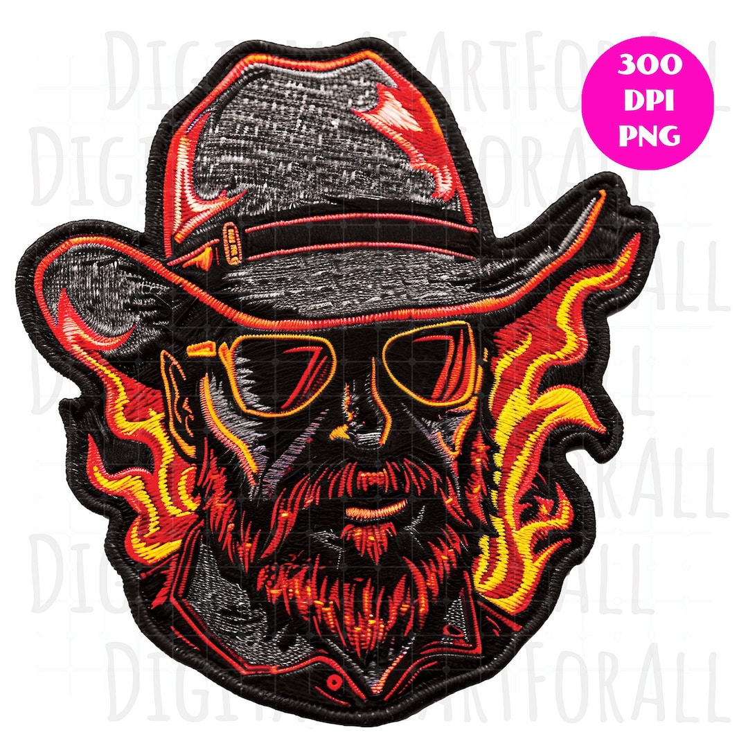 Flaming Cowboy Faux Embroidery Look, Instant Download, Digital Graphics ...