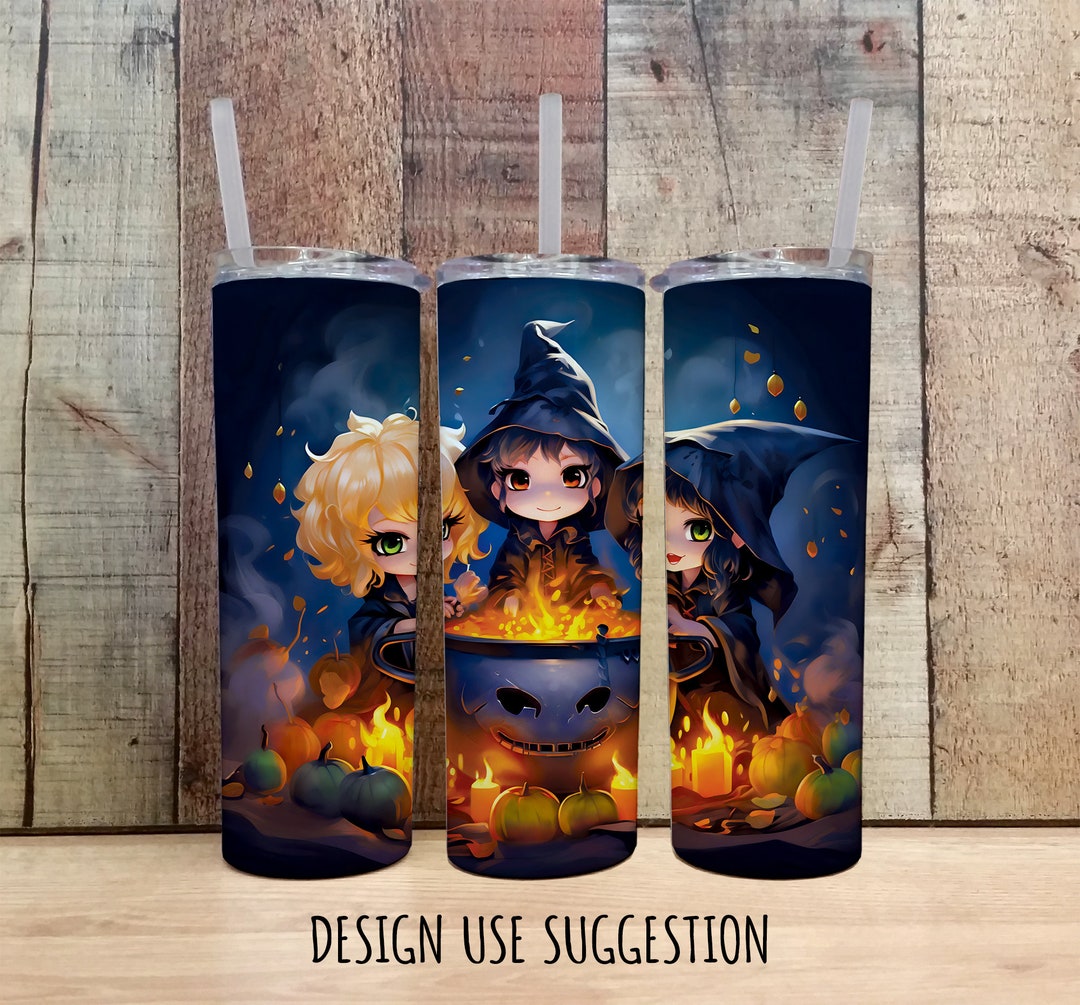 20oz Skinny Tumbler Wrap, Cute Chibi Witches and Pumpkins, Instant ...