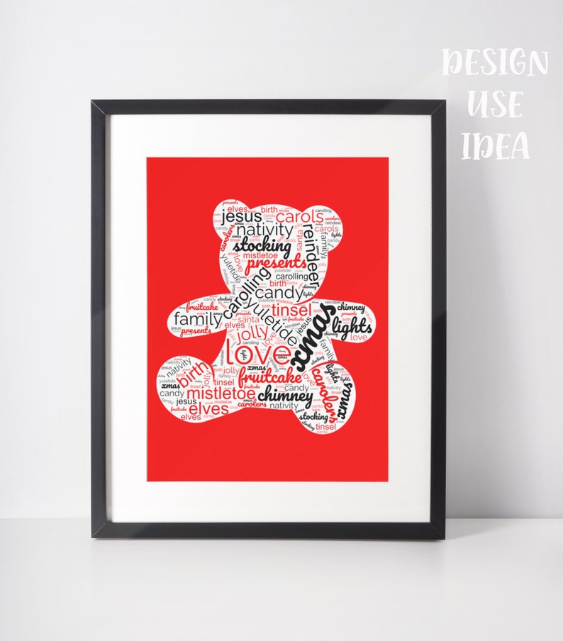 Christmas Teddy Bear Word Cloud (white) - Printable, Digital Artwork ...