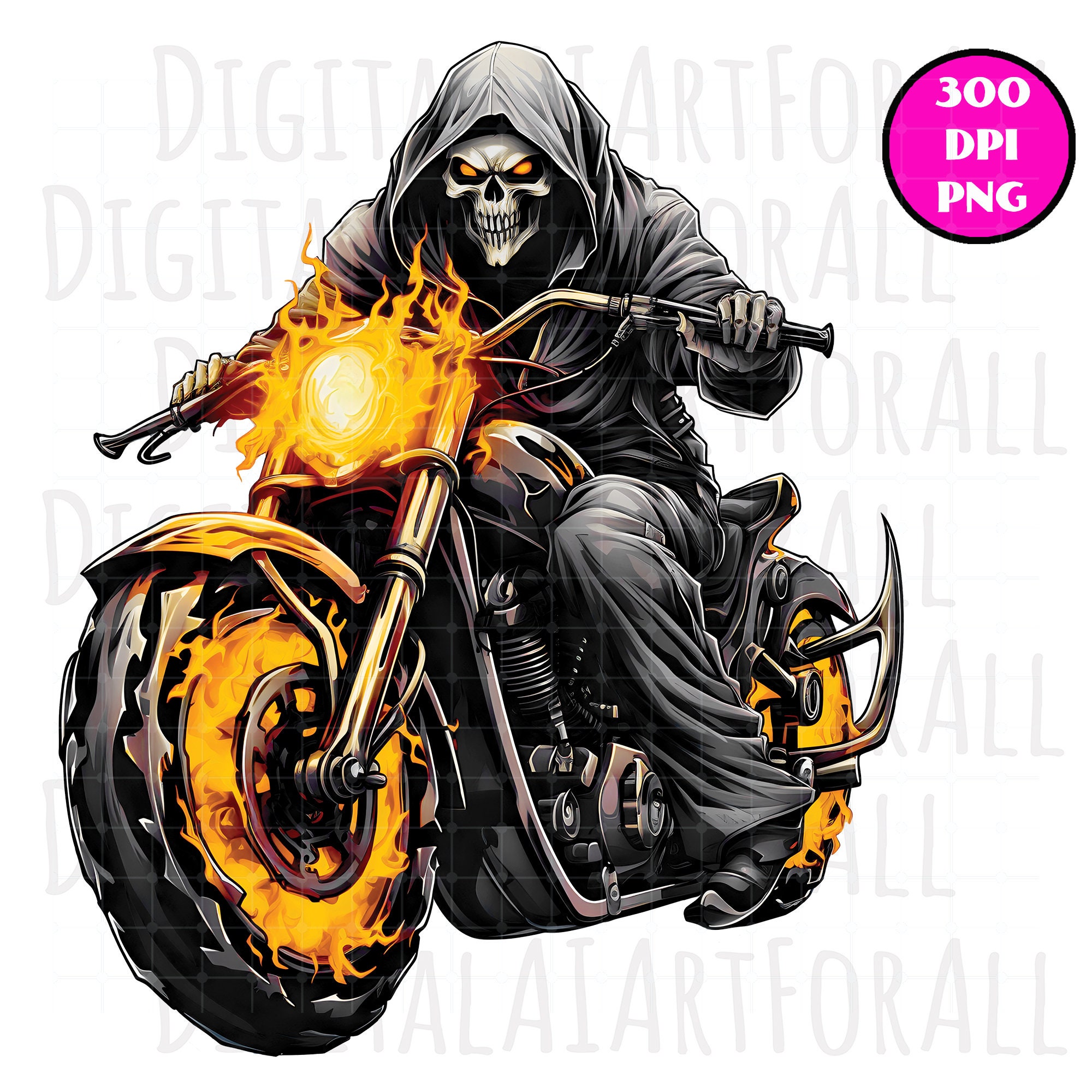 Grim Reaper Skull on a Flaming Motorcycle, Instant Download Digital ...