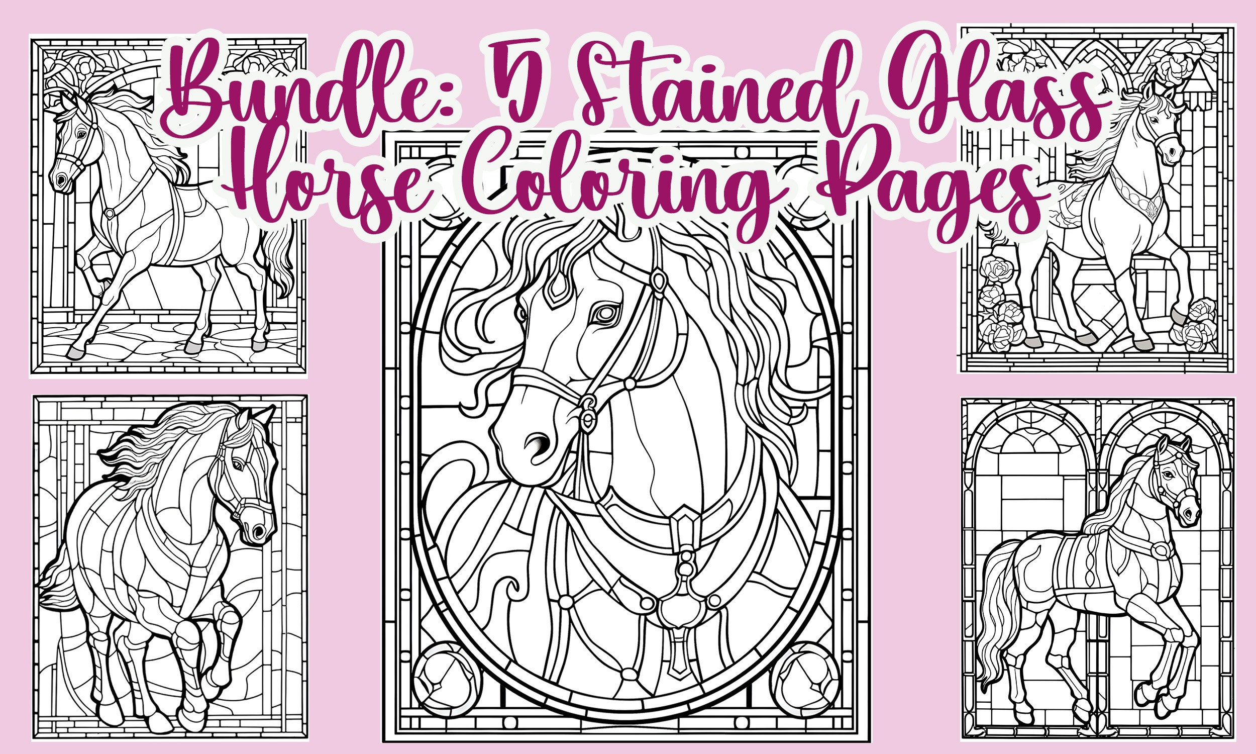 Bundle: 5 Stained Glass Horse Coloring Book Pages | Instant Download ...