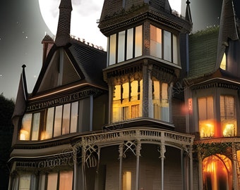 Gothic Moonlit Haunted House Printable Poster Instant - Etsy