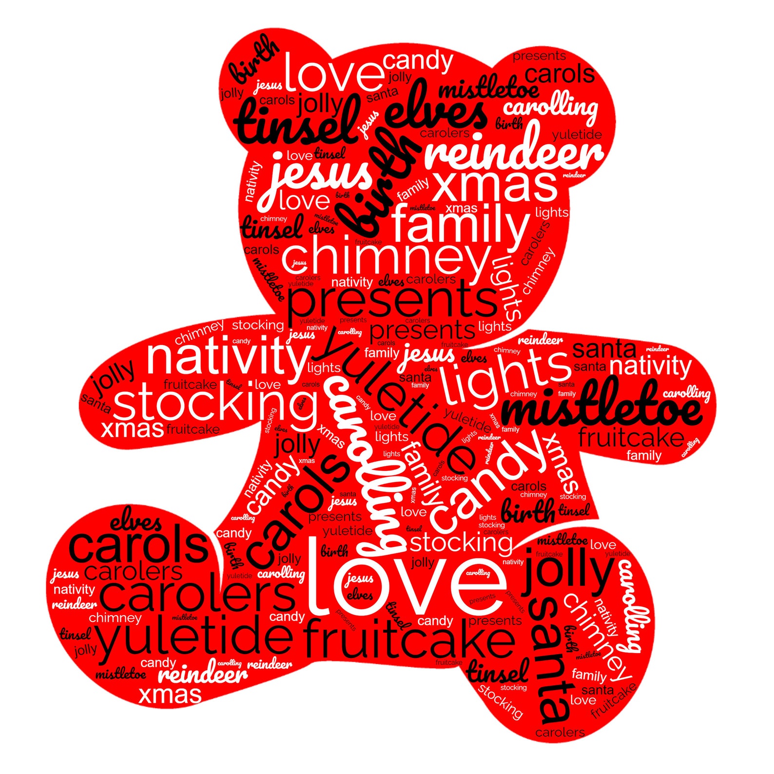 Christmas Teddy Bear Word Cloud red Printable, Digital Artwork Download ...