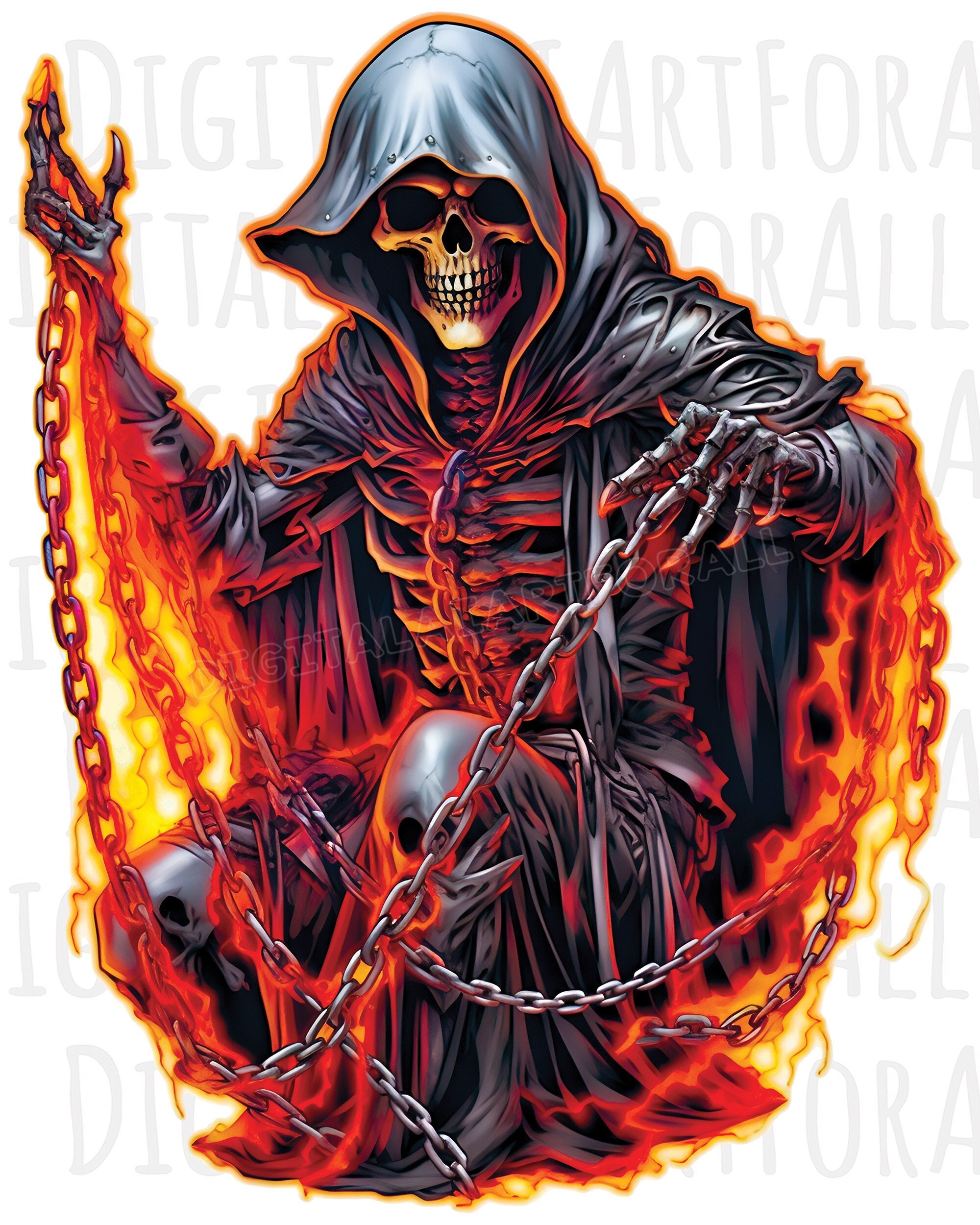 Flaming Grim Reaper Skull Chained Instant Download Digital Graphics Dtgsublimation Printing