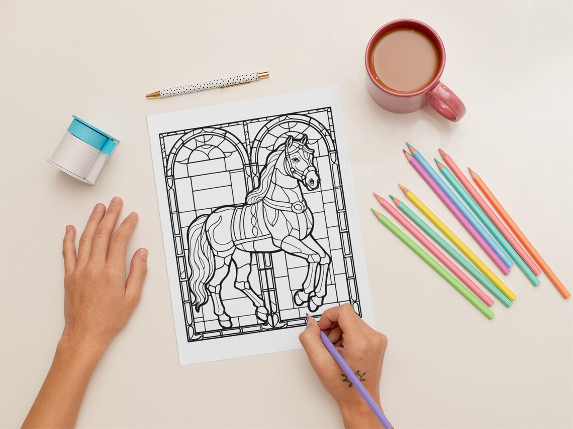 Stained Glass Horse Coloring Book Page | Instant Download Digital ...