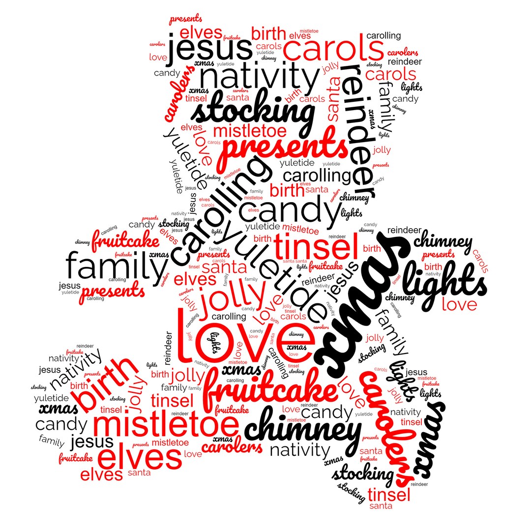 Christmas Teddy Bear Word Cloud (white) - Printable, Digital Artwork ...