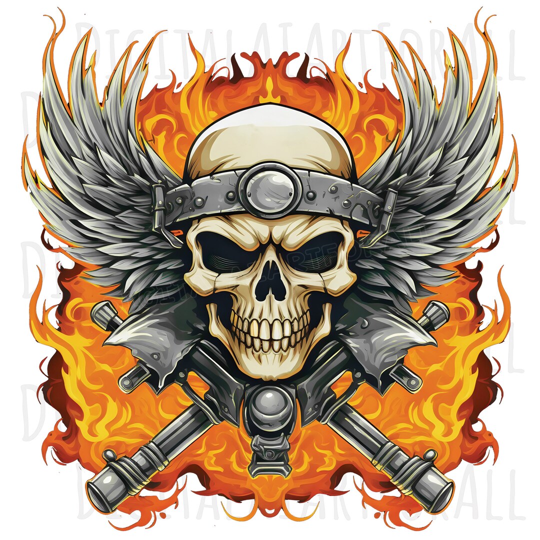 Biker Skull, Human Skull, Winged, Flaming Instant Download, Digital ...