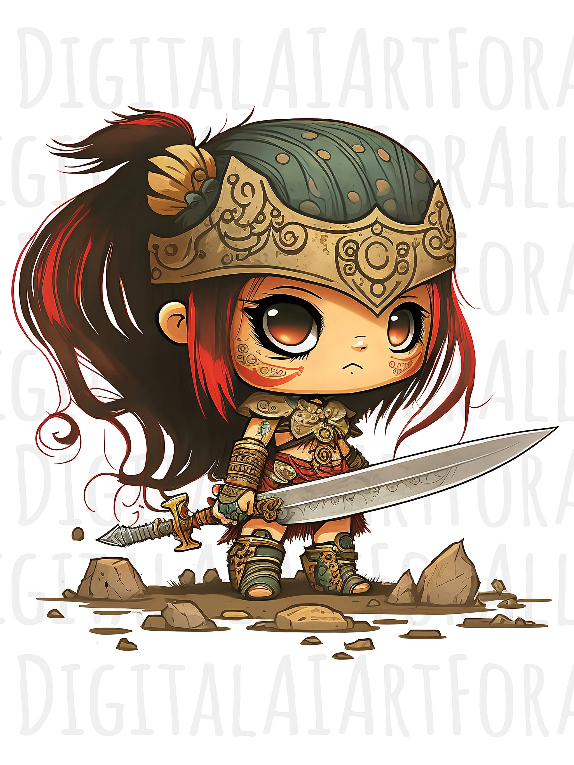 Fierce Chibi Girl Warrior | Instant Download Digital Graphics ...