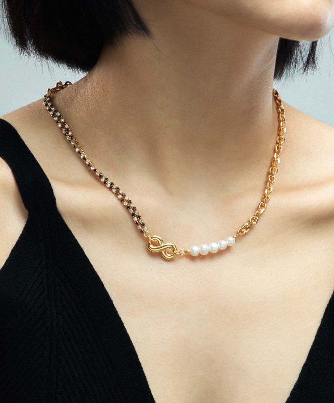 Gold Natural Fresh Water Pearl Choker Necklacegold Zirconia Etsy