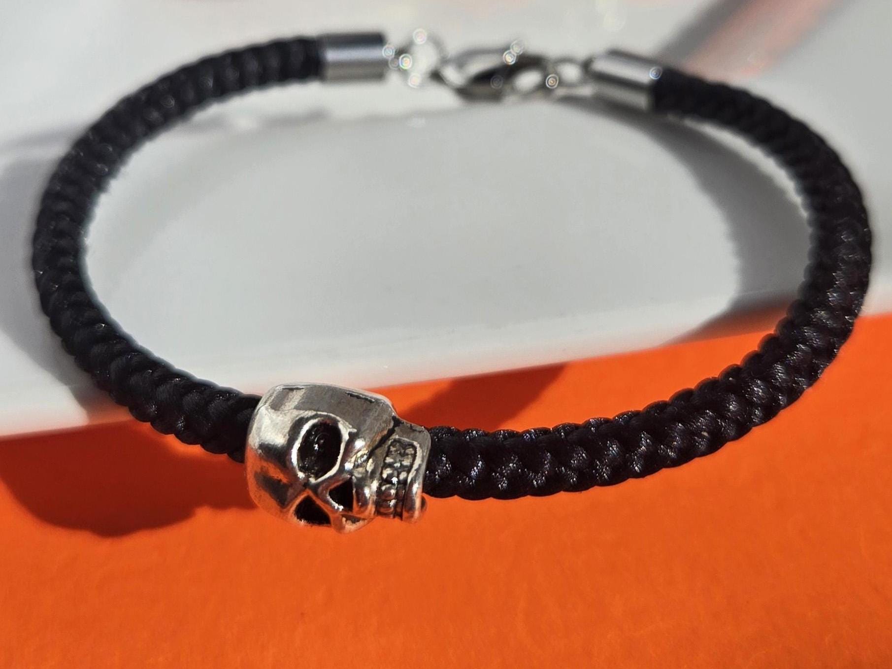 Halloween Costume Bracelet: Skull Bead, Woven Satin Cord in Black ...