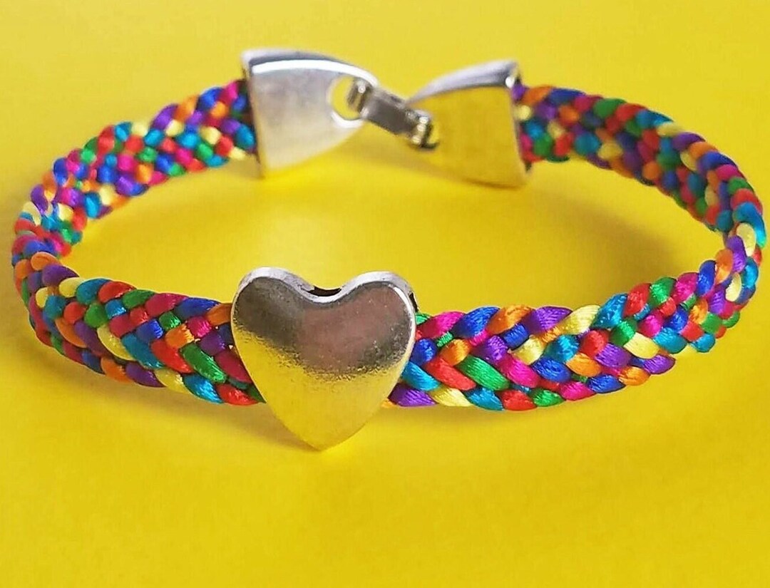 Pride Flag Braided Bracelet: Silver Heart, Satin Cord, Partner Jewelry ...