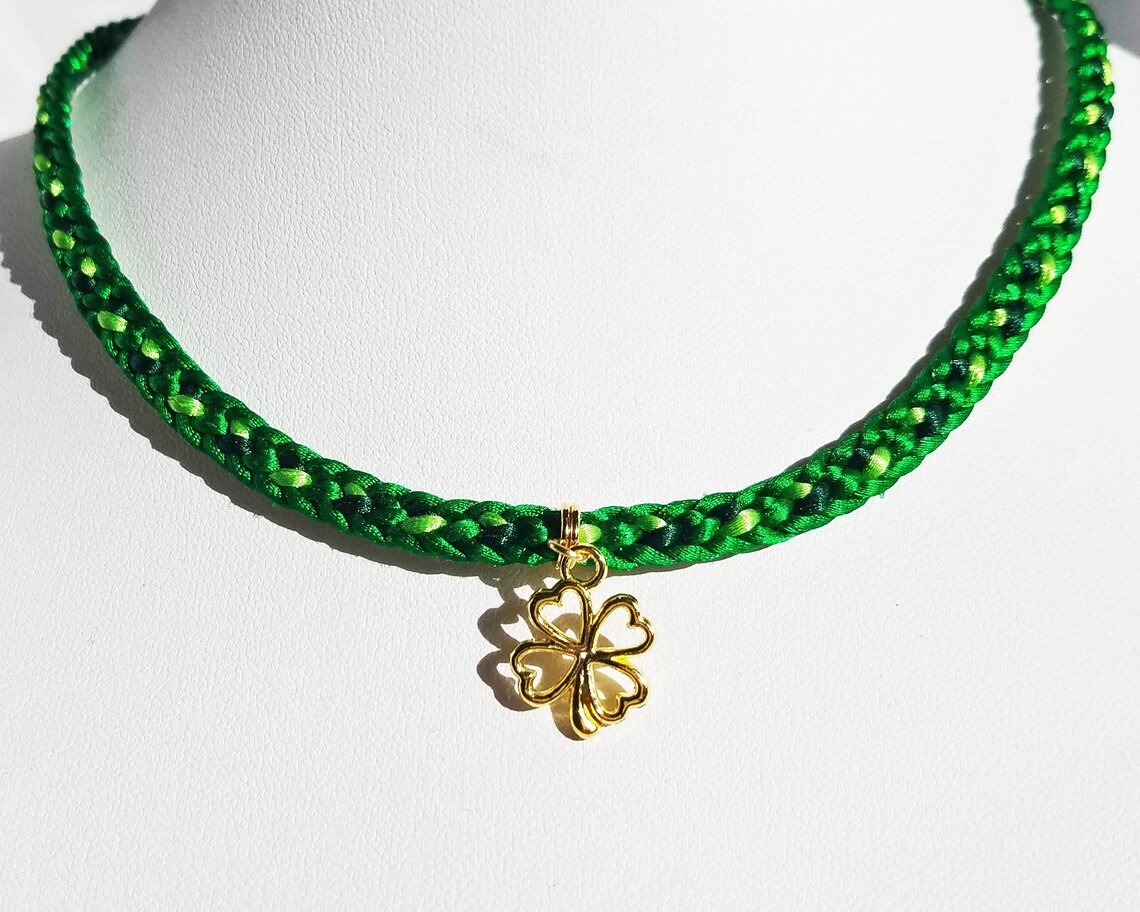 St. Patrick's Day Necklace, Hand-woven Satin Thread Flat Braid in Green ...
