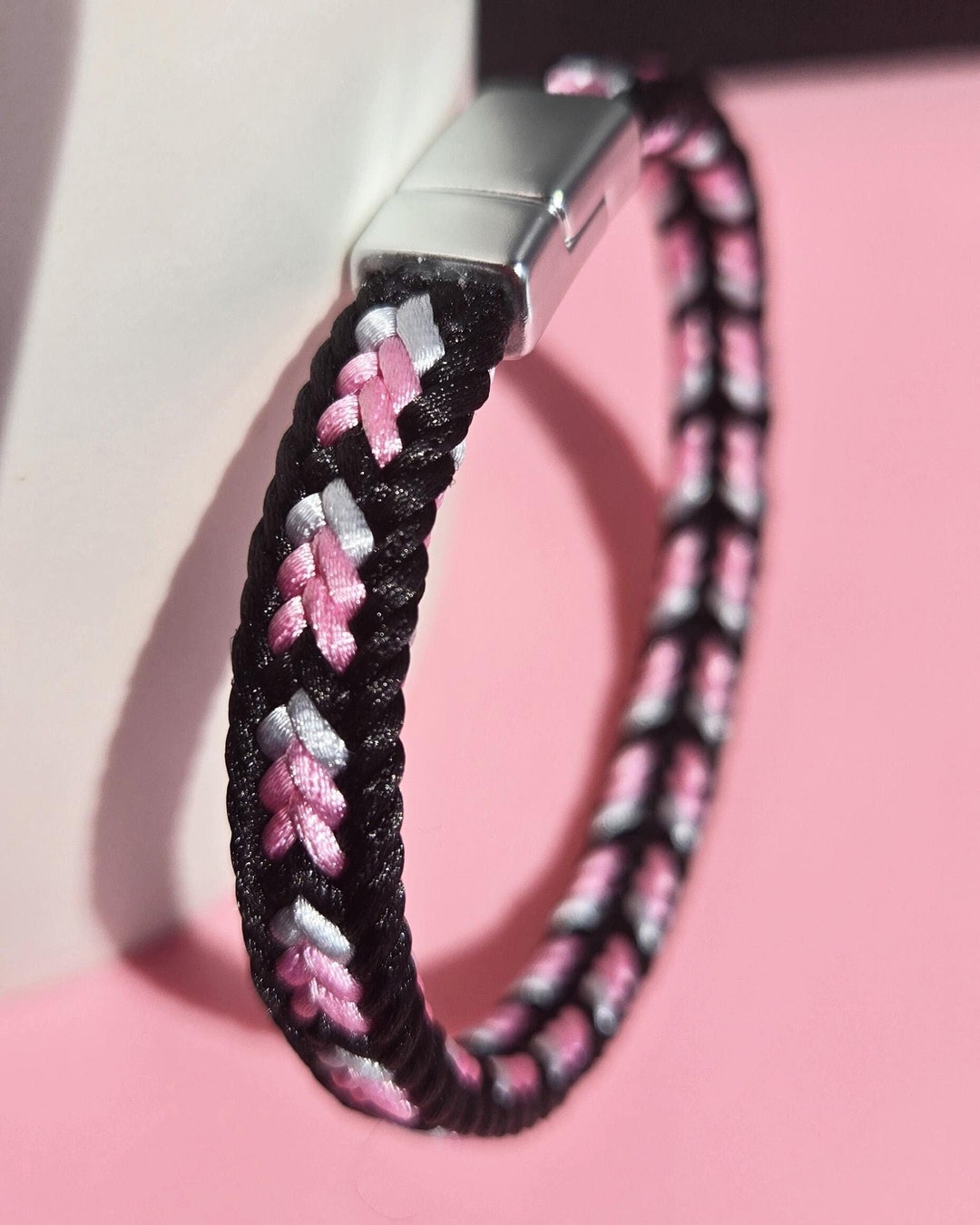October Pink Woven Bracelet, Breast Cancer Awareness Bracelet, Silver ...