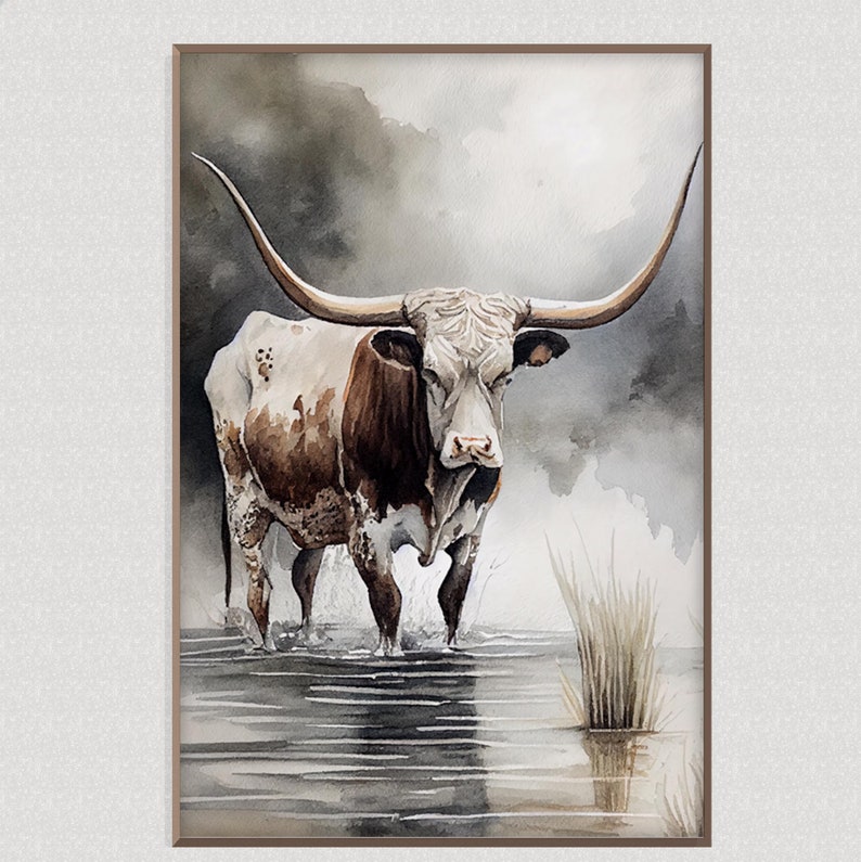 Longhorn AI Watercolor - Texas Wall Art Décor Featuring Longhorn Cow ...