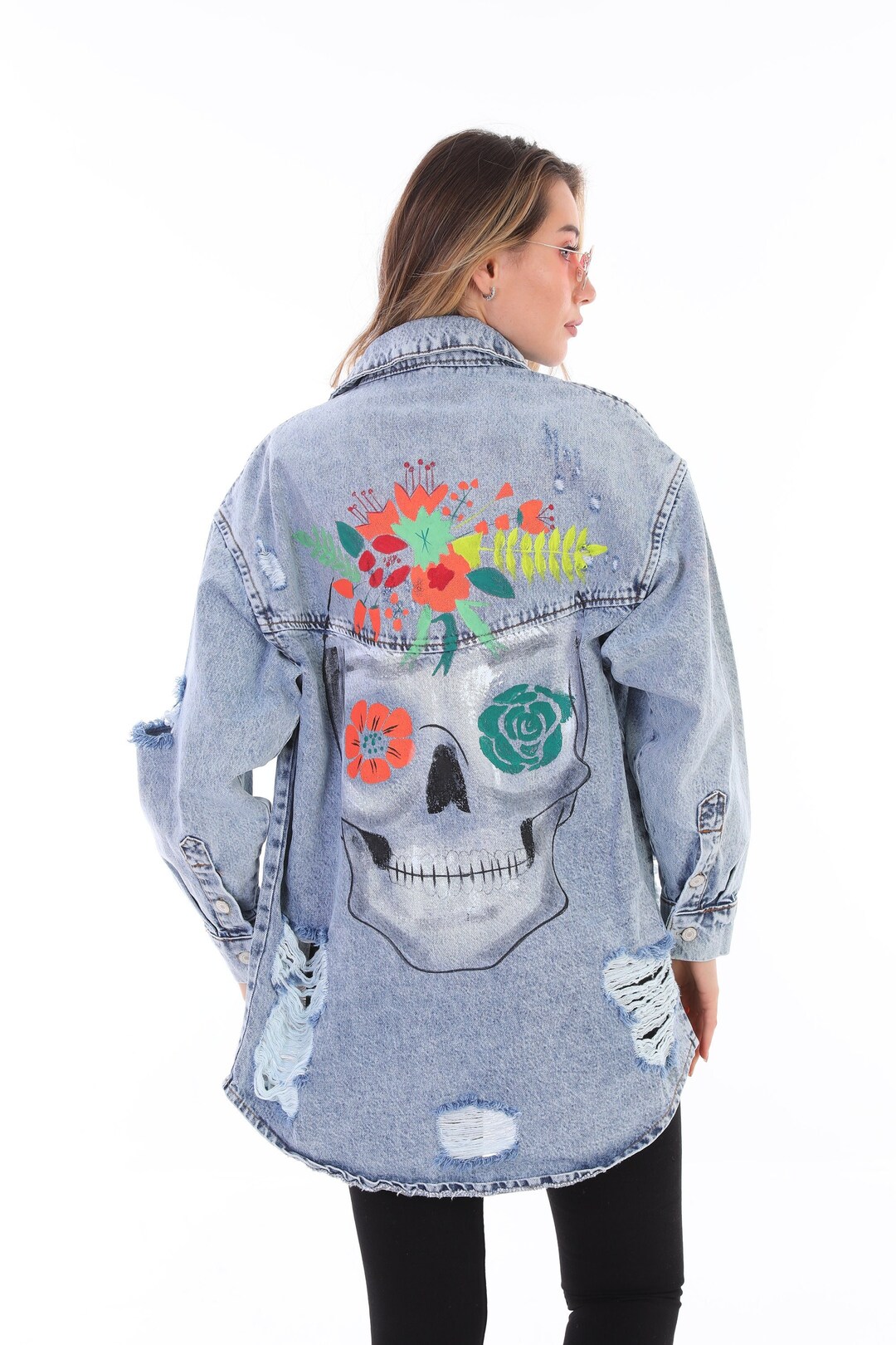 Women's Blue Oversize Floral Skull Custom Hand Painted Handmade Printed ...