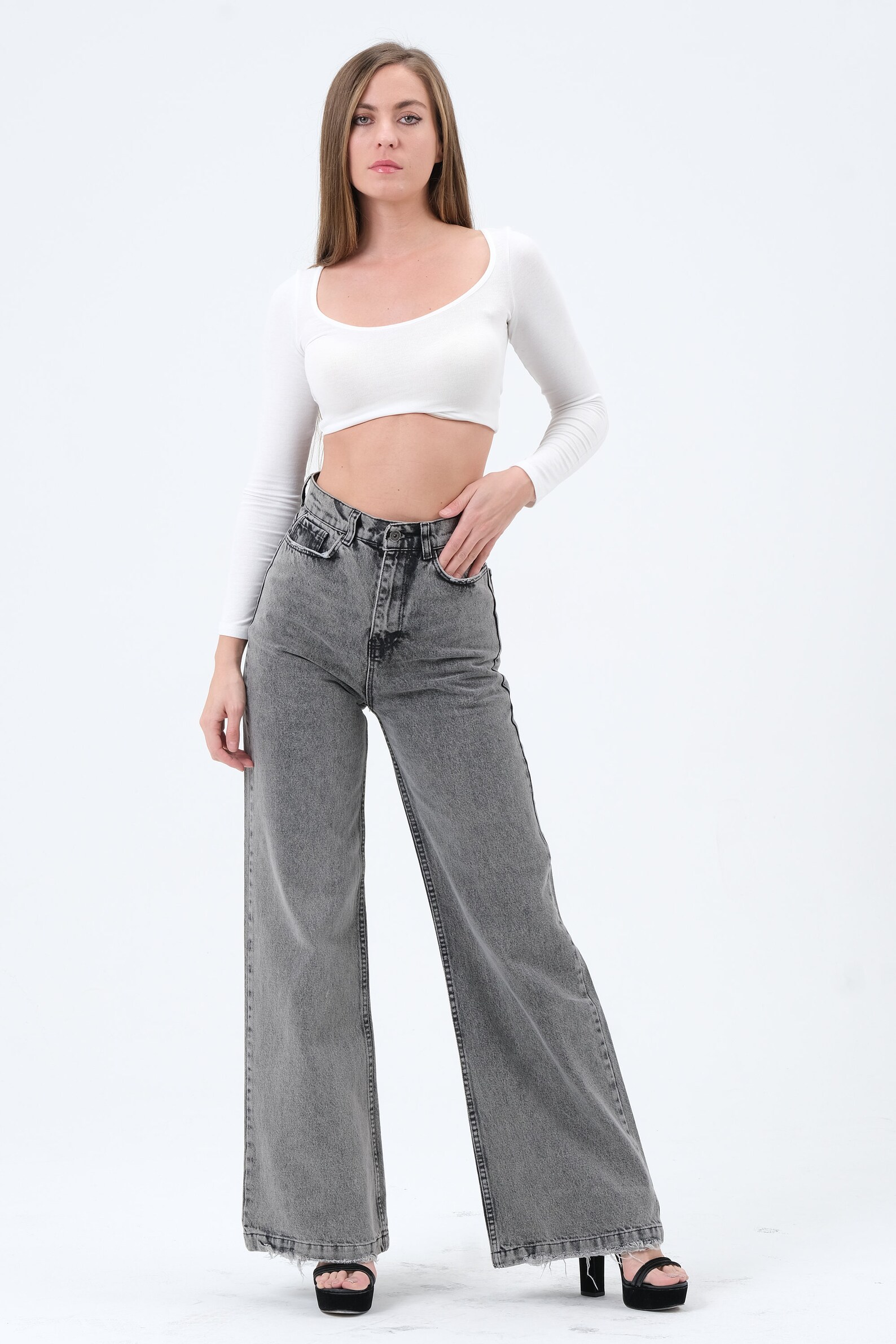 Women's Light Gray High Waist Wide Cut Wide Leg Stonewashed Palazzo ...