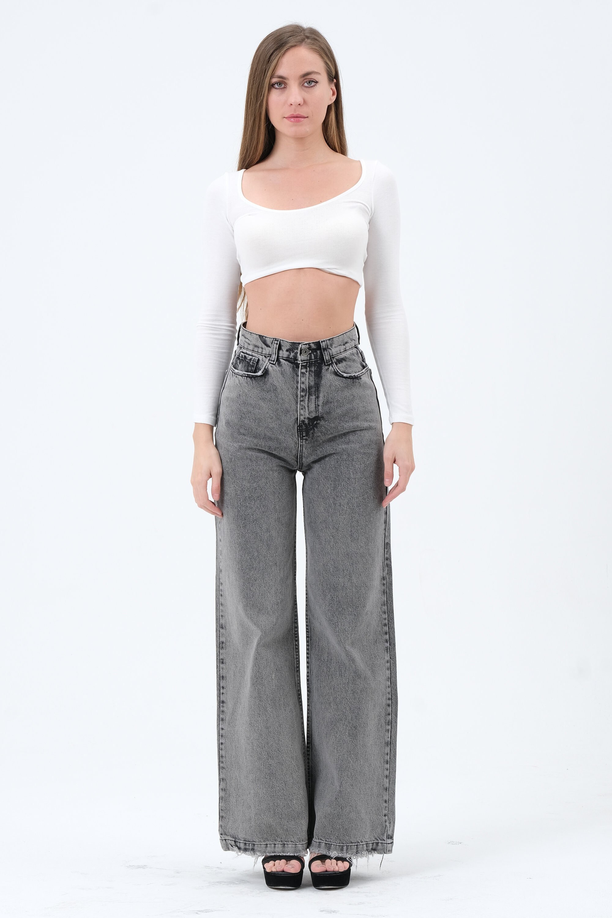 Women's Light Gray High Waist Wide Cut Wide Leg Stonewashed Palazzo ...