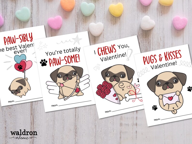 Pug Valentine Set of 4 | Class Valentines | Printable Valentines ...