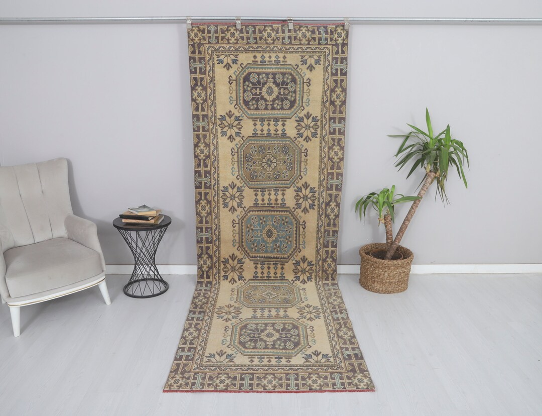 4x11 Vintage Turkish Runner Rug: Handmade Wool Anatolian Oushak - Etsy