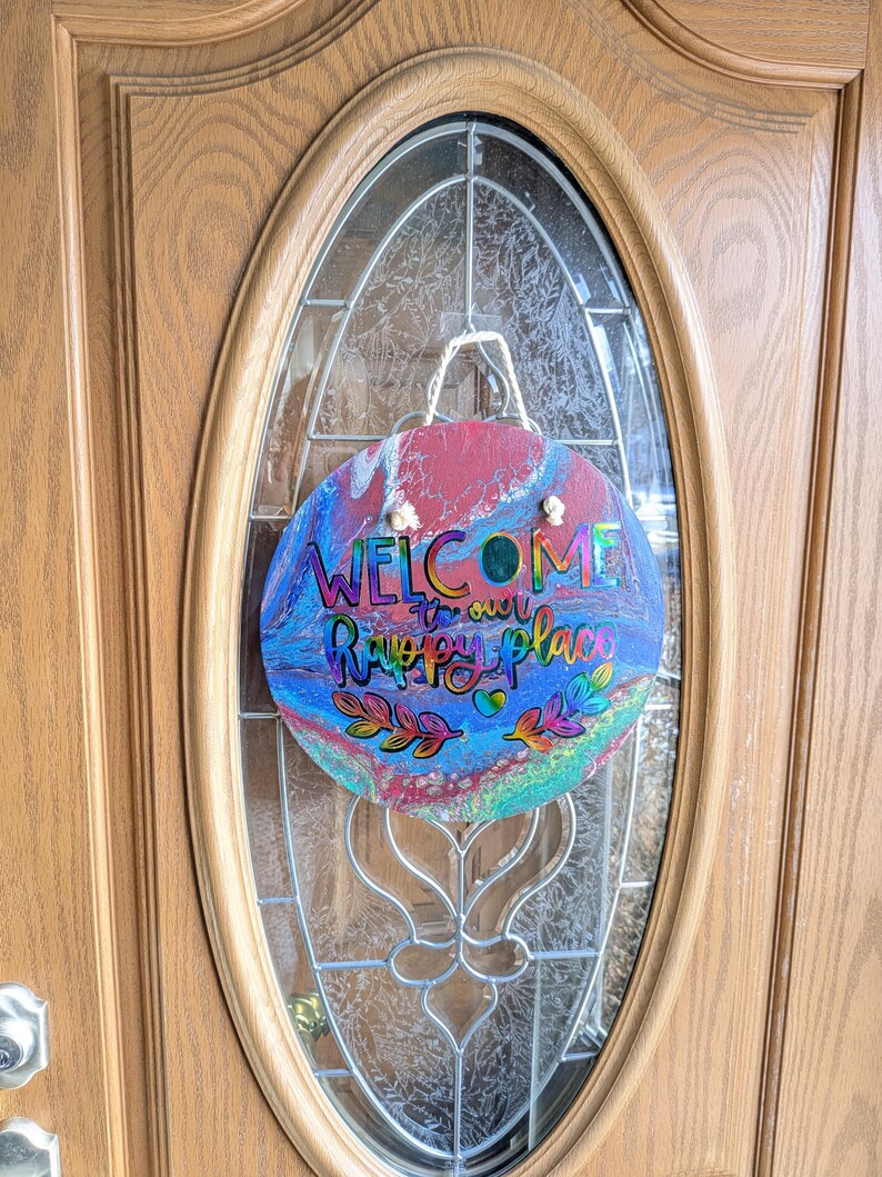 Welcome to Our Happy Place Sign | Waterproof Abstract Art Door Hanger ...