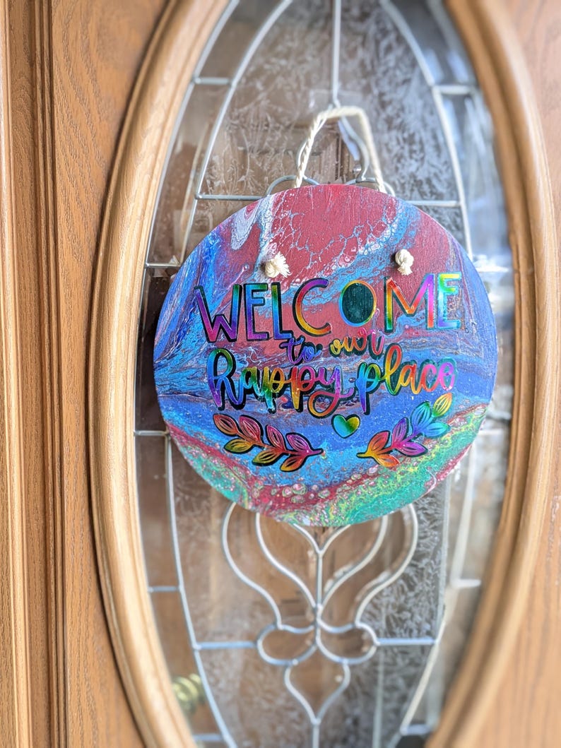 Welcome to Our Happy Place Sign | Waterproof Abstract Art Door Hanger ...