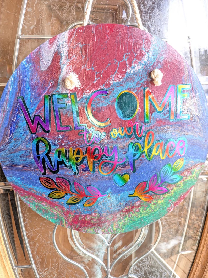 Welcome to Our Happy Place Sign | Waterproof Abstract Art Door Hanger ...