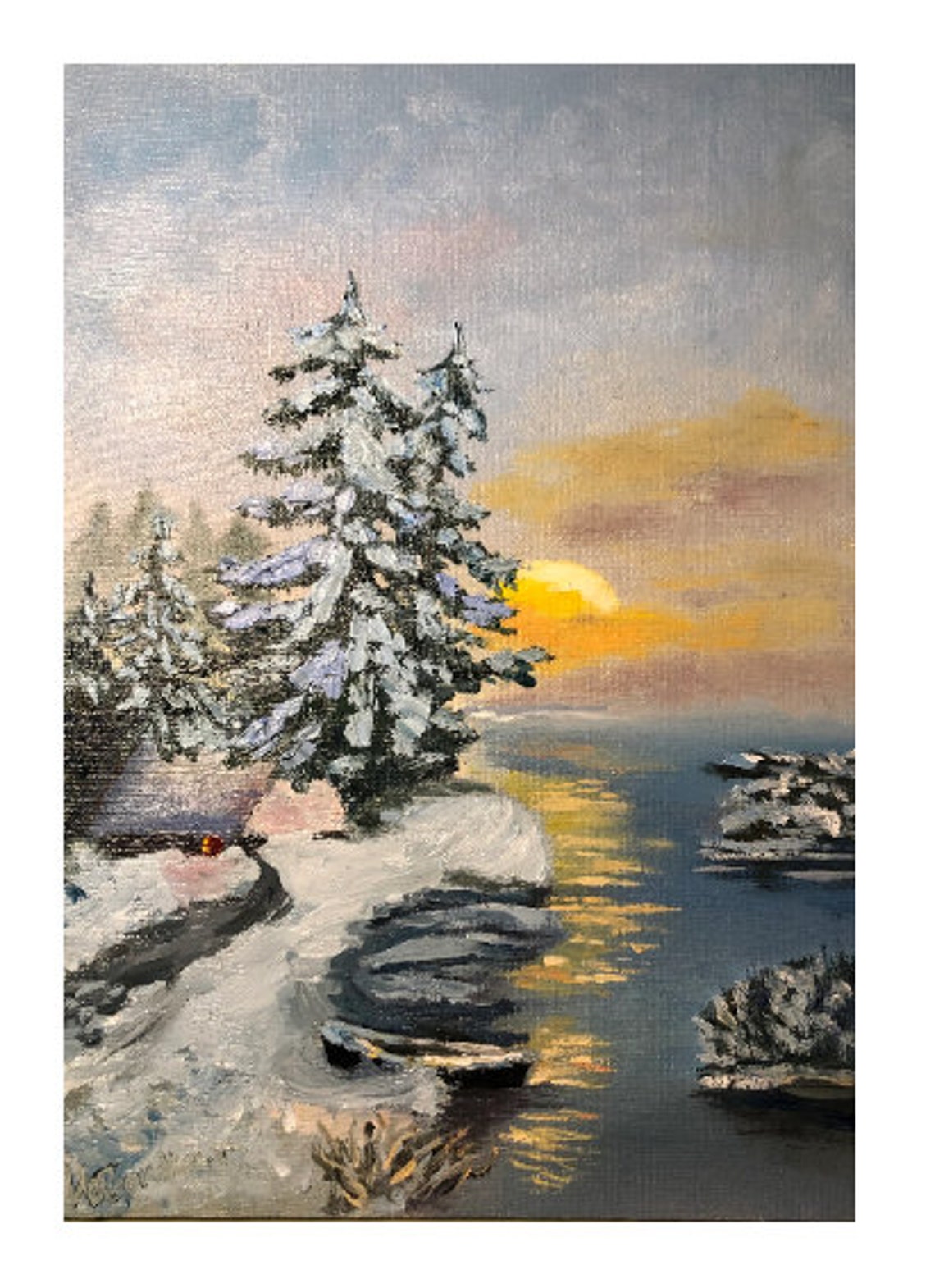 Winter Snowy Night Painting Original Oil Artwork 8 by 11 Inches. - Etsy