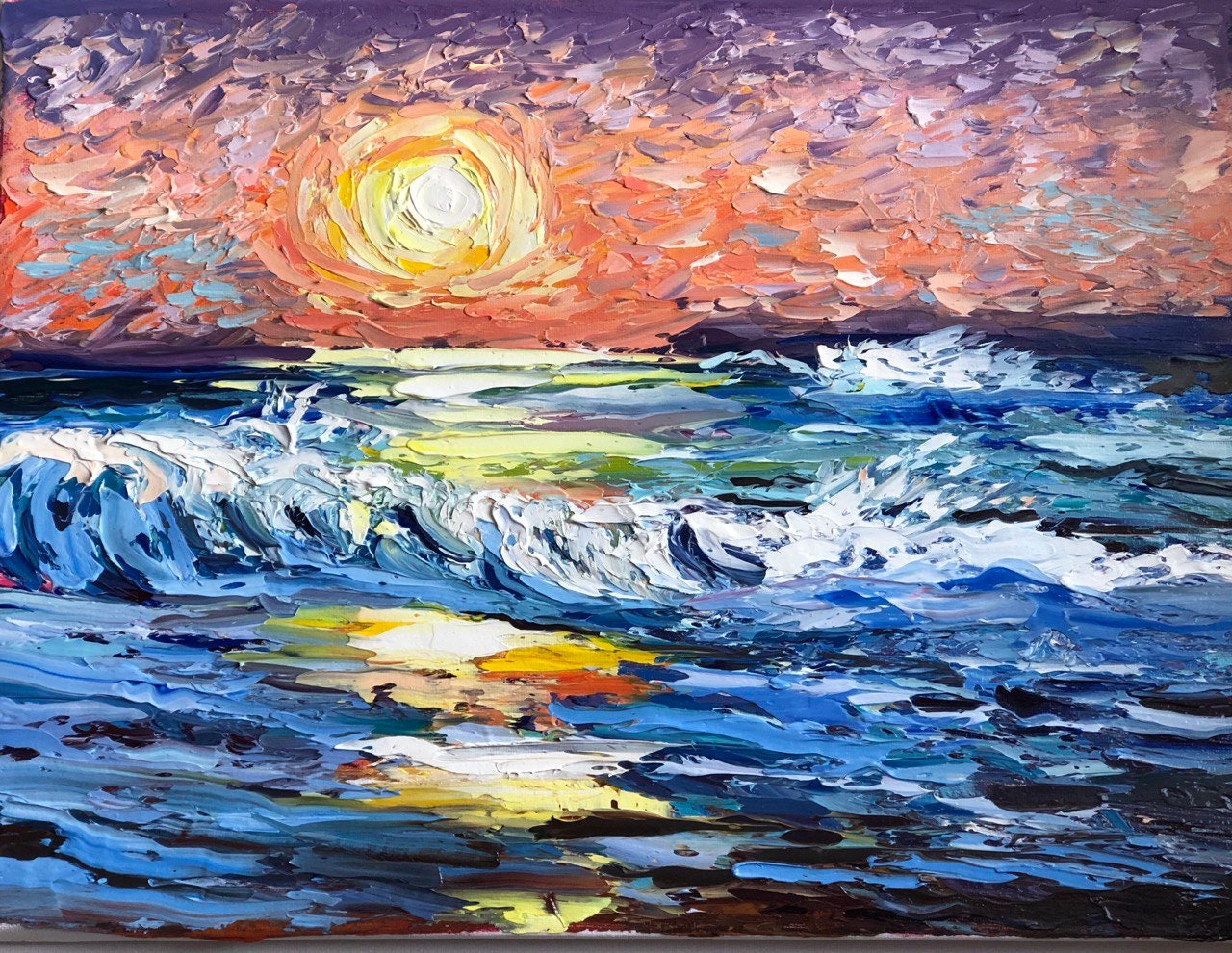 The Sea Sunset Oil Painting Impasto Art 12 by 16 Inches. - Etsy