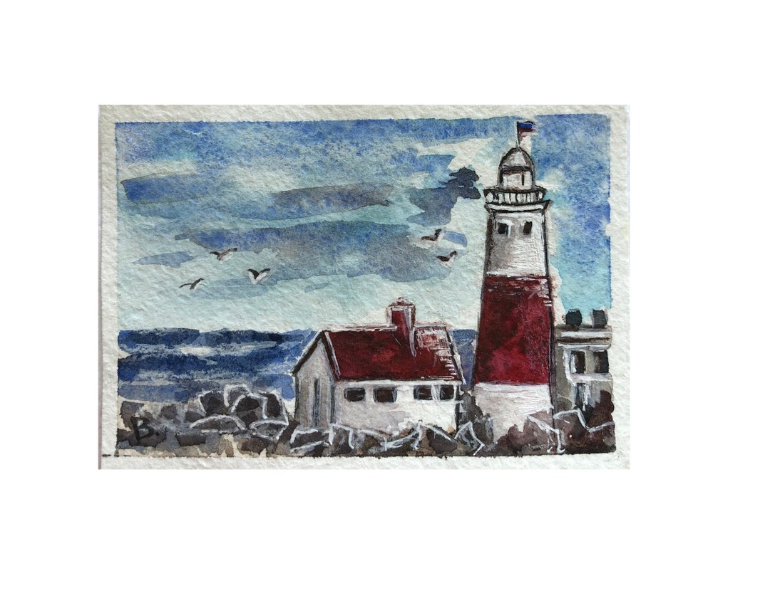 Miniature Lighthouse Seascape Painting Original Watercolor Tiny Art ...