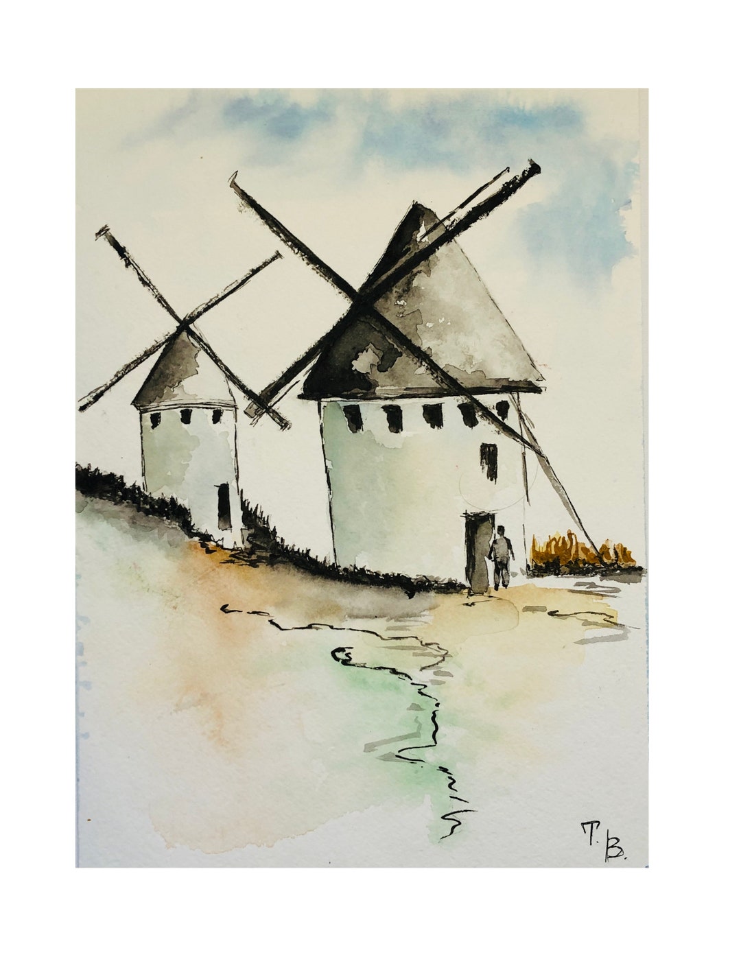 Two Windmills Art Print From Original Watercolor by ...