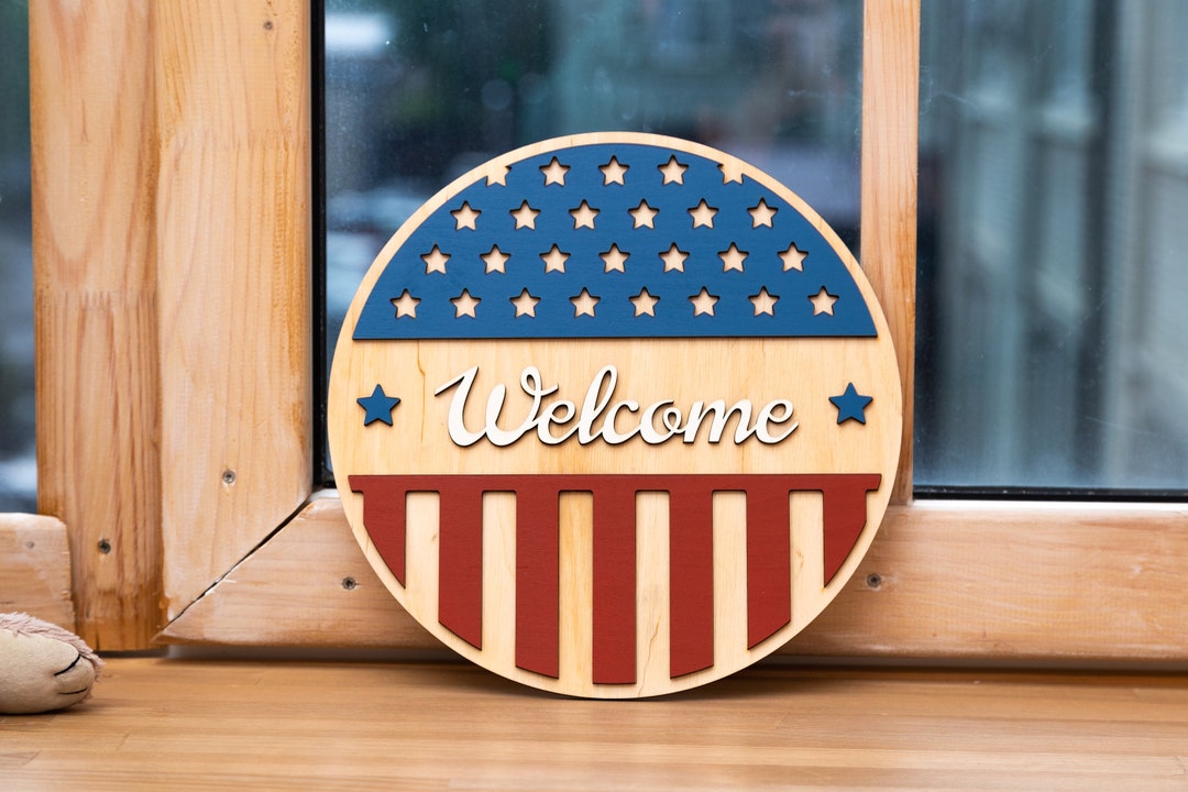 American Flag Sign, Welcome Front Door Sign, 4th of July Decor ...
