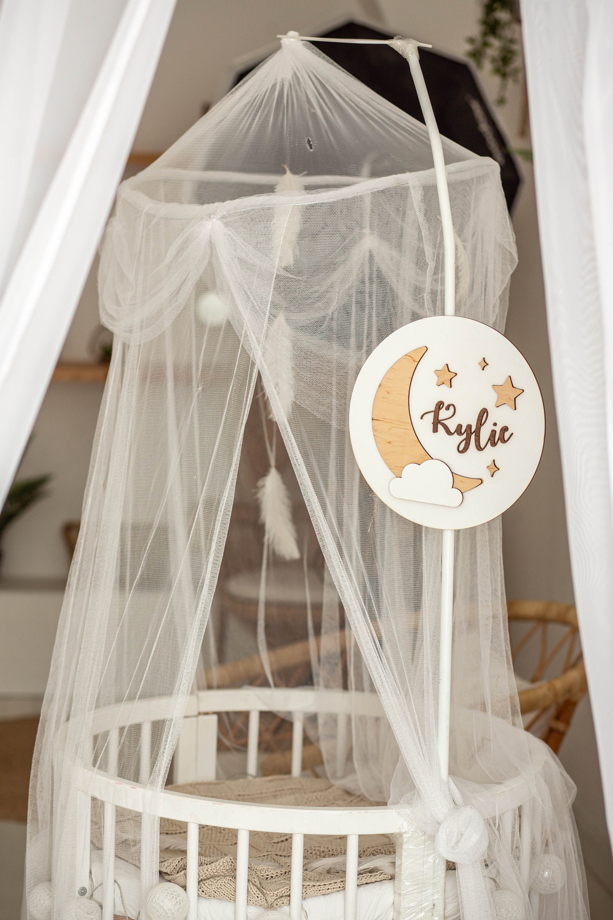 Baby Moon Name Sign Crescent Moon Decor Nursery Round Wood - Etsy