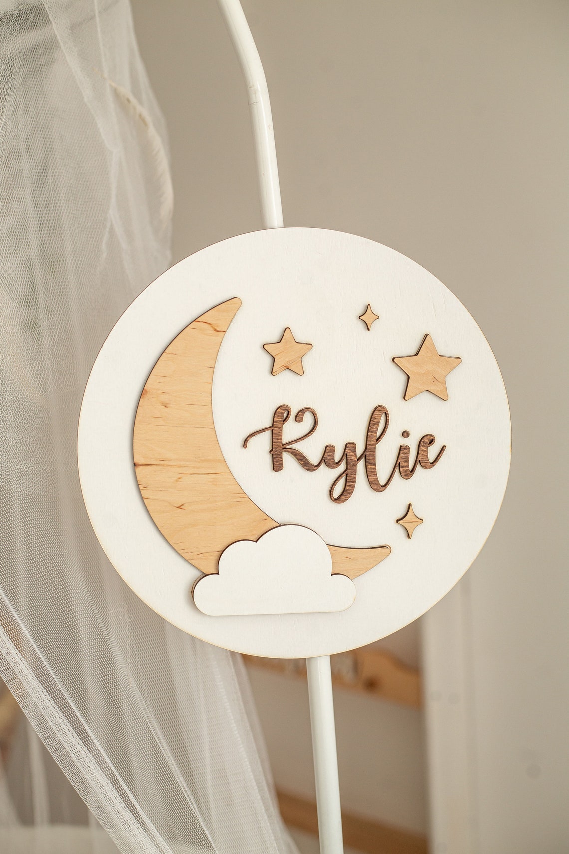 Baby Moon Name Sign Crescent Moon Decor Nursery Round Wood - Etsy