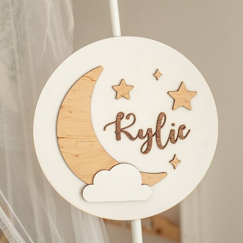 Baby Moon Name Sign Crescent Moon Decor Nursery Round Wood - Etsy