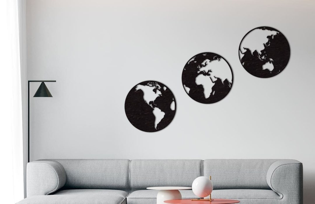 World Map 3 Piece Wall Decor, Round World Map Wooden, Wanderlust Travel ...