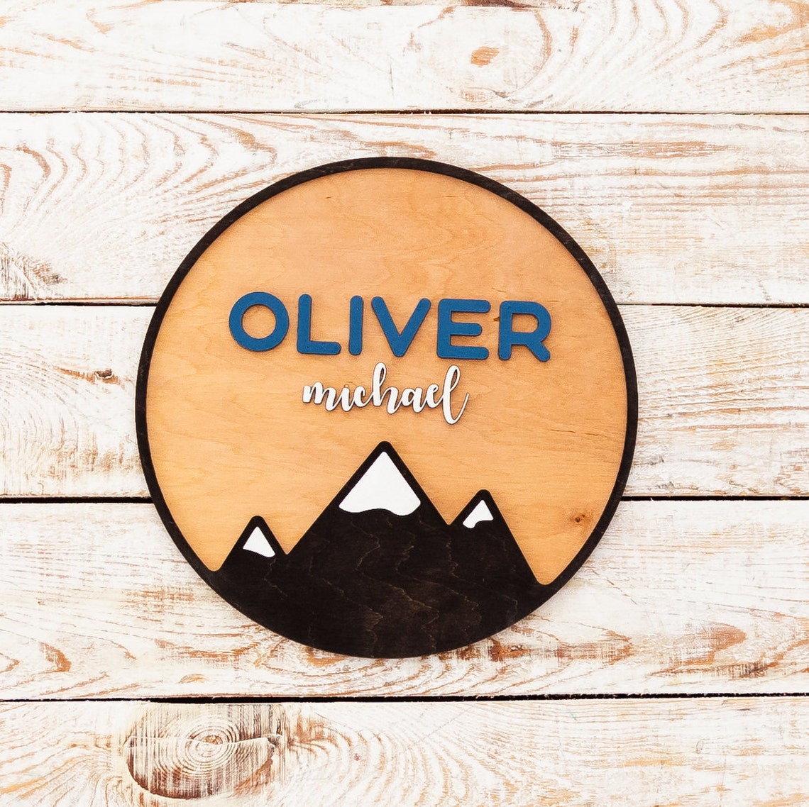 Mountain Wall Decal 3D Round Wood Name Sign Baby Name Wood - Etsy