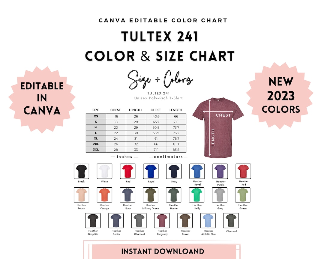 Tultex 241 Color Chart Unisex Poly-rich T-shirt 241 Size - Etsy