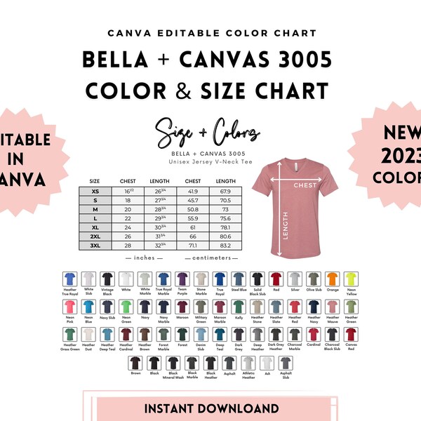 V Neck 3005 Bella Canvas Chart - Etsy