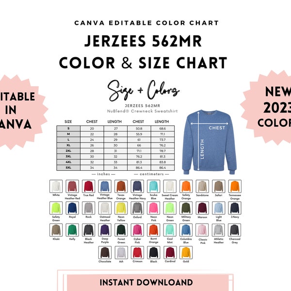 Jerzees 562mr Color Chart - Etsy Australia
