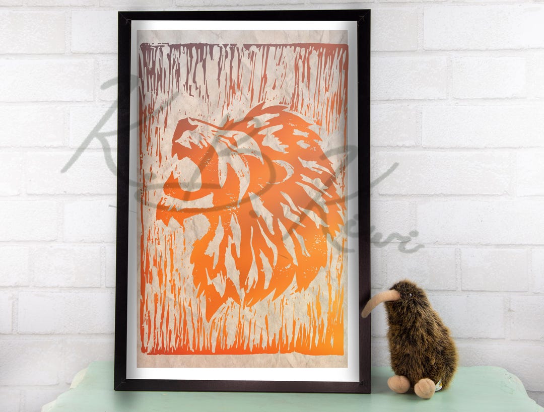 Linocut Style Lion Art Print - Etsy