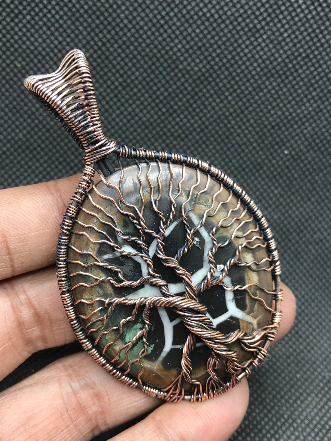 Tree of Life Copper Pendant, Big Septrine Gemstone Pendant, Copper Wire ...