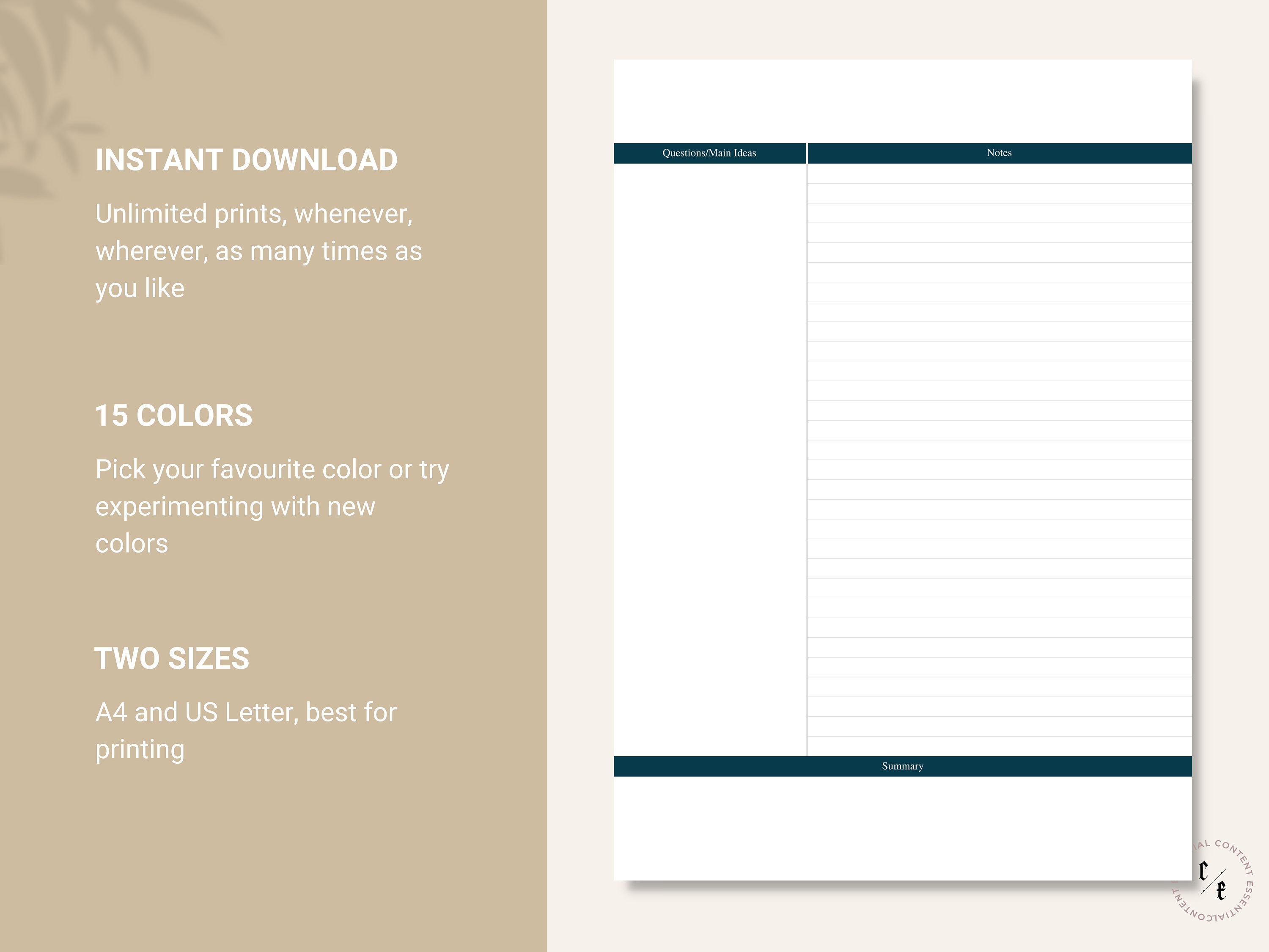 Printable Cornell Notes Study Method Paper Template Digital Cornell ...