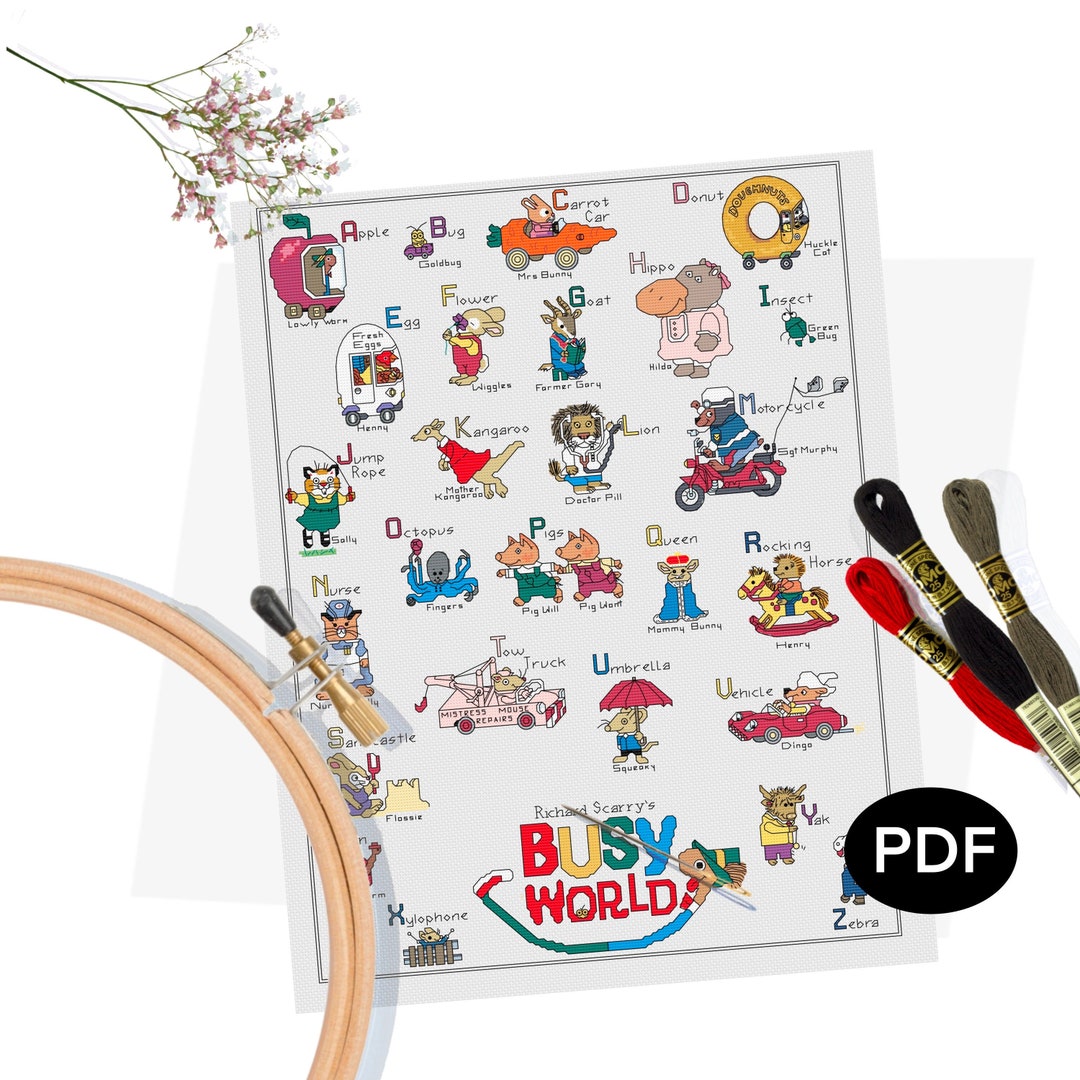 Whimsical Alphabet Cross Stitch Pattern - Richard Scarry's Busy World ...