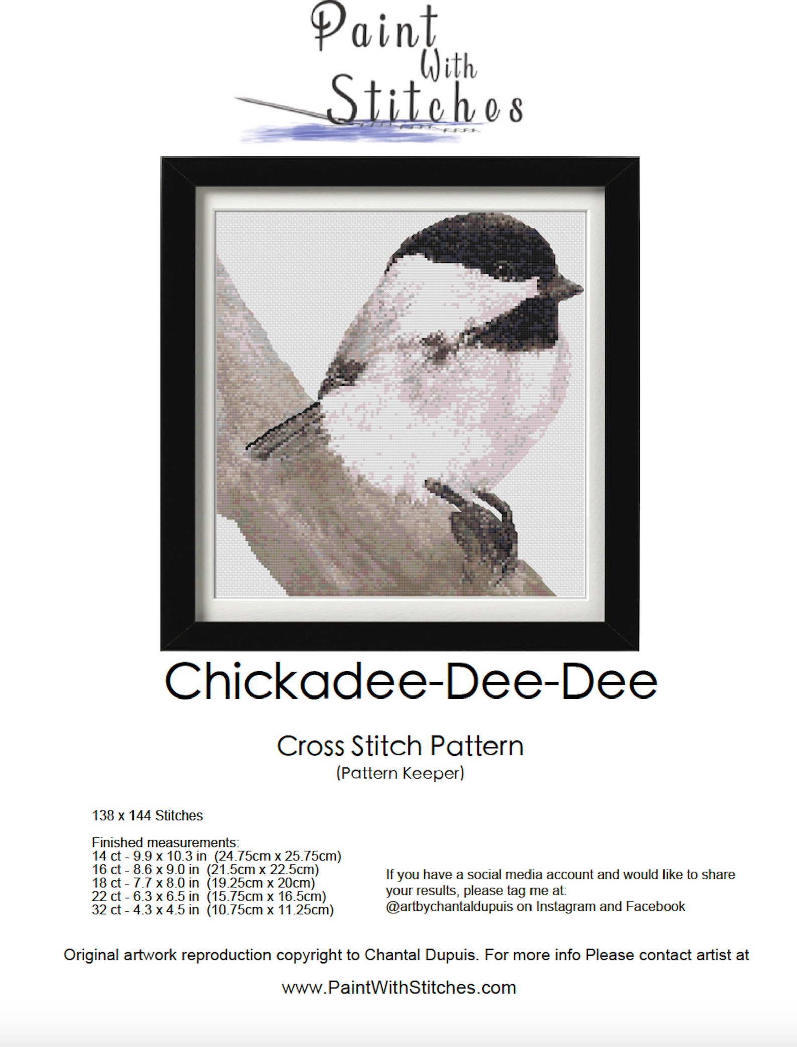Cross Stitch Pattern PDF - Chickadee Bird (small) - Original Art ...