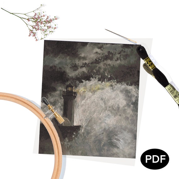 Cross Stitch Pattern PDF Lighthouse in Storm With Crashing - Etsy